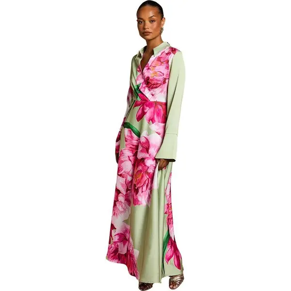 Coast Petite Placement Print Wrap Front Gown - Sage