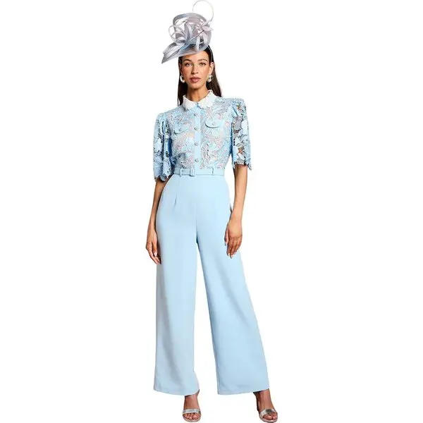 Coast Collared Lace Short Sleeve Jumpsuit - Pale Blue