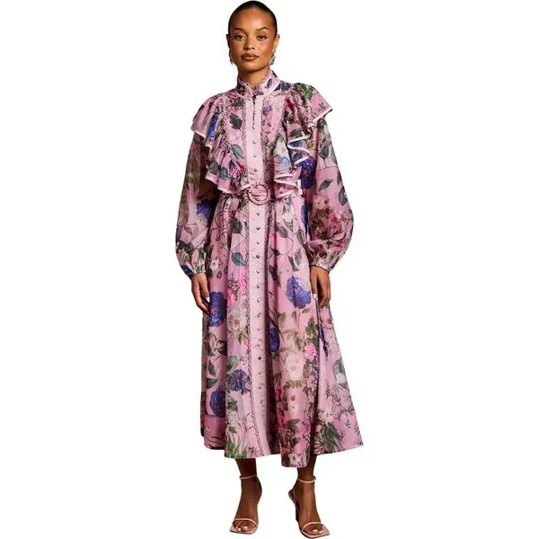 Coast Petite Organza Trim Printed Midi Dress - Pink