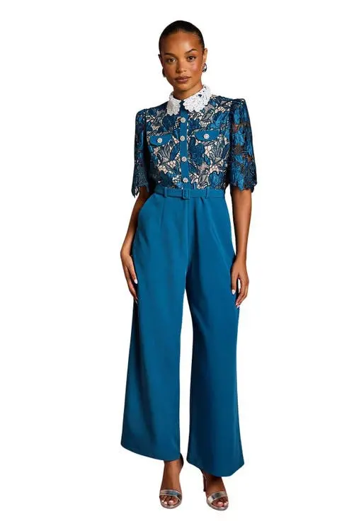Coast Petite Lace Shirt Short Sleeve Jumpsuit - Slate Blue
