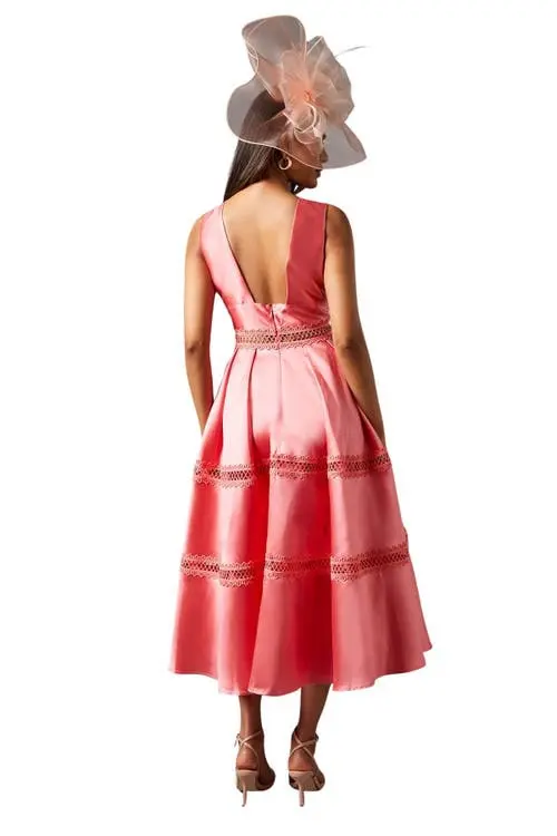 Coast Petite Plunge Neck Twill Midi Dress With Lace Trims