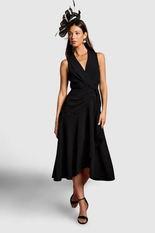 Coast Shawl Collar Ruffle Hem Midi Dress - Black