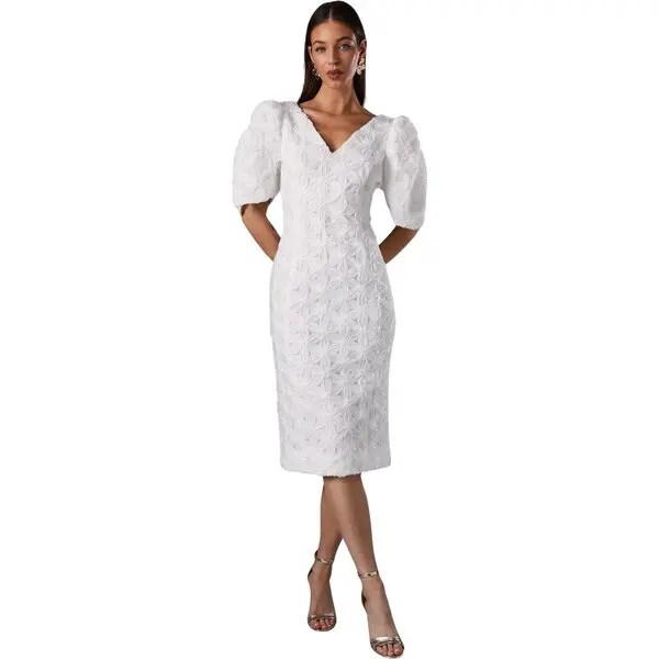 Coast Textured Puff Sleeve Pencil Dress - Ivory
