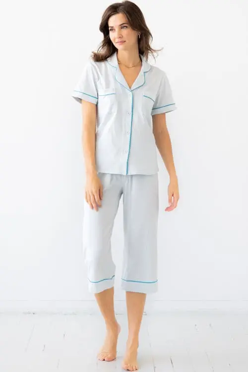 SALUA Classic Luxury Capri Pajamas In Brushed Pima Cotton - Light Blue/cerulean