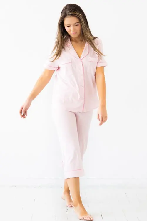 SALUA Classic Luxury Capri Pajamas In Brushed Pima Cotton - Light Pink/bubble Gum
