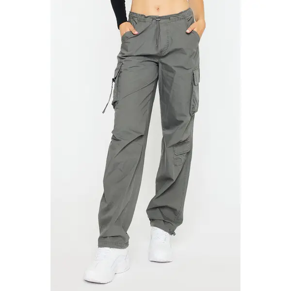 KANCAN High Rise Relaxed Cargo Pants With Patched Pockets And Tunnel Hem - Olive