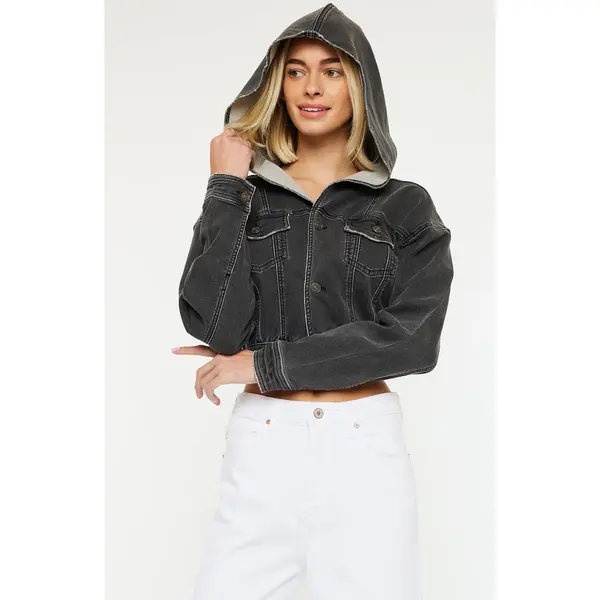 KANCAN Andie Cropped Hooded Denim Jacket - Black Charcoal