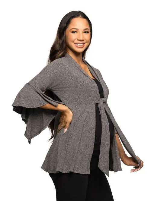 24SEVEN COMFORT APPAREL Tie Front Bell Sleeve Maternity Cardigan - Smoke
