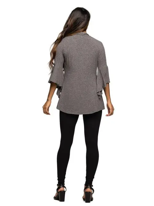 24SEVEN COMFORT APPAREL Tie Front Bell Sleeve Maternity Cardigan - Smoke