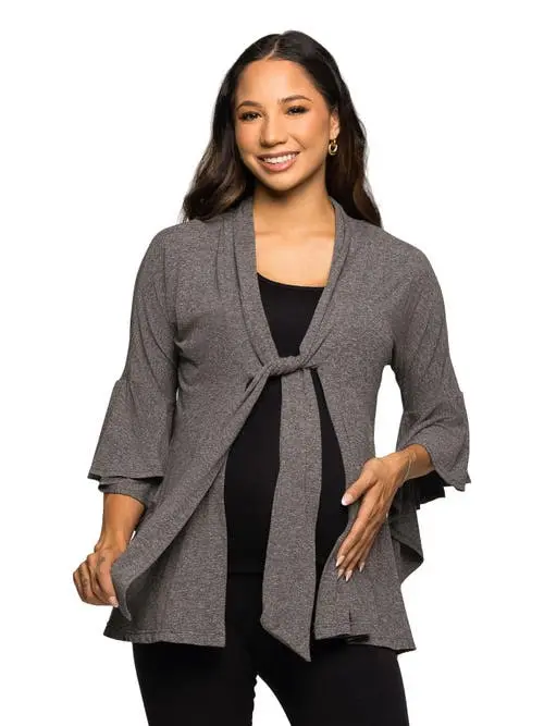 24SEVEN COMFORT APPAREL Tie Front Bell Sleeve Maternity Cardigan - Smoke