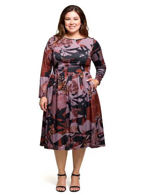 24SEVEN COMFORT APPAREL Floral Print Fit & Flare Midi Dress - Grey Multi