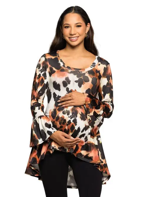 24SEVEN COMFORT APPAREL Scoop Neck Bell Sleeve Tunic Top Animal Print - Brown Multi
