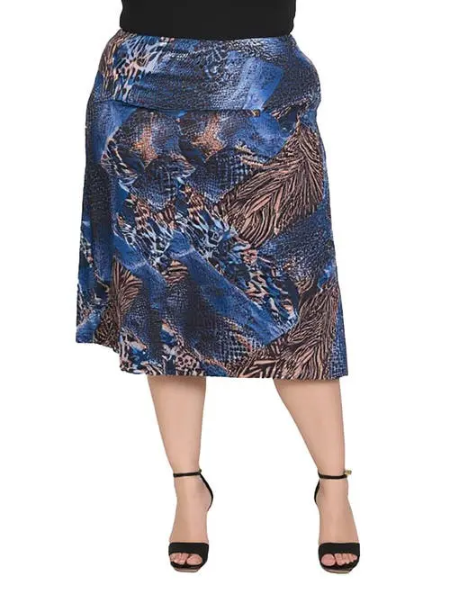 24SEVEN COMFORT APPAREL Animal Print Knee Length Skirt - Blue Multi