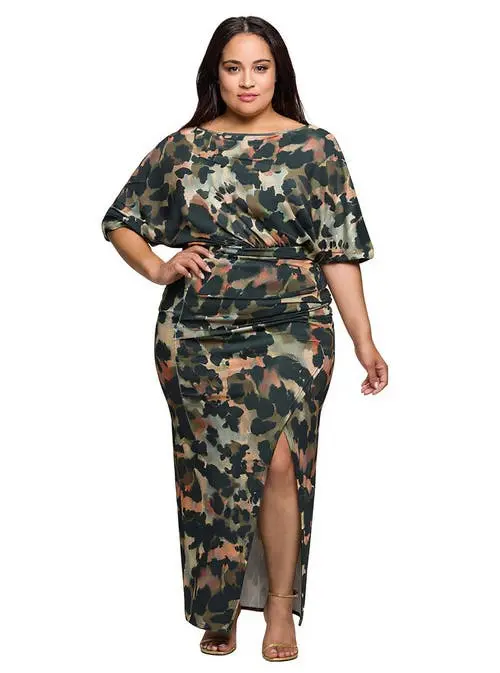 24SEVEN COMFORT APPAREL Abstract Print Batwing Sleeve Maxi Dress - Green Multi