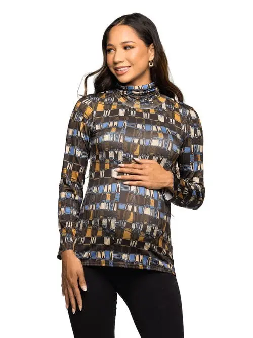 24SEVEN COMFORT APPAREL Mock Neck Long Sleeve Printed Top - Green Multi