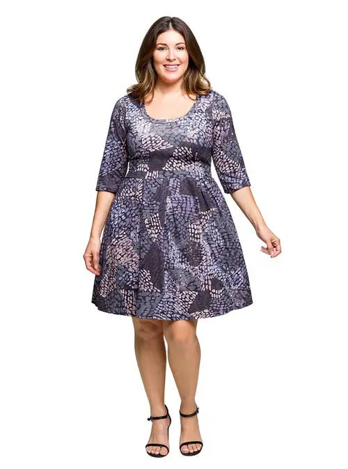 24SEVEN COMFORT APPAREL Printed Fit And Flare Dress - Grey Multi