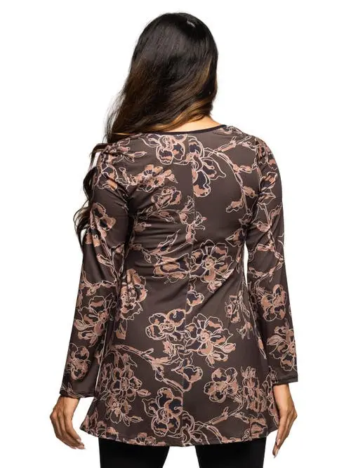 24SEVEN COMFORT APPAREL Floral Print Long Sleeve Tunic Top - Brown Multi