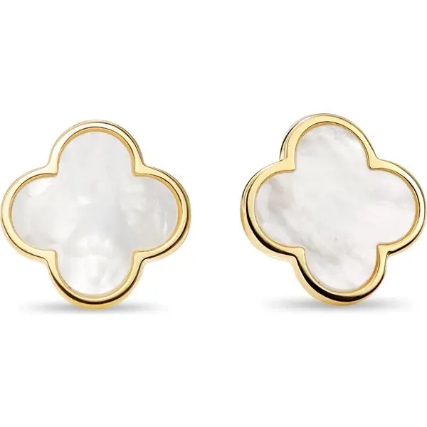 DEVATA Mother Of Pearl Clover Stud Earrings - Yellow Gold