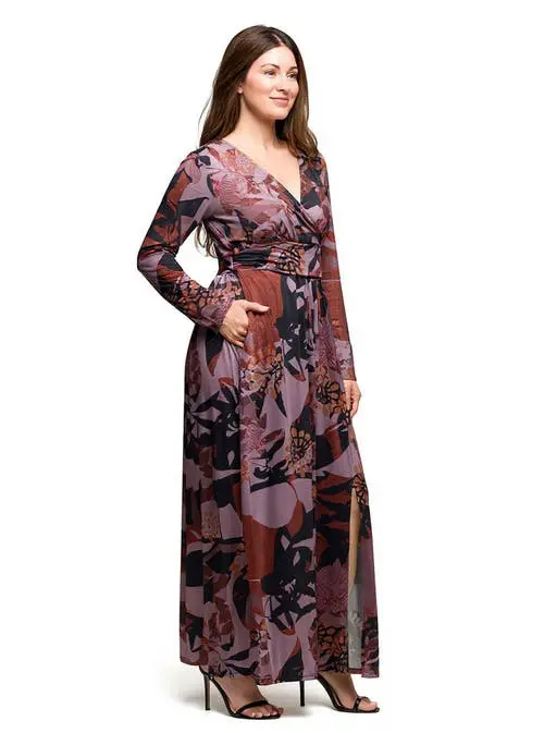 24seven Comfort Apparel Floral Print Long Sleeve Wrap Maxi Dress - Grey  Multi - 31% Off | Editorialist