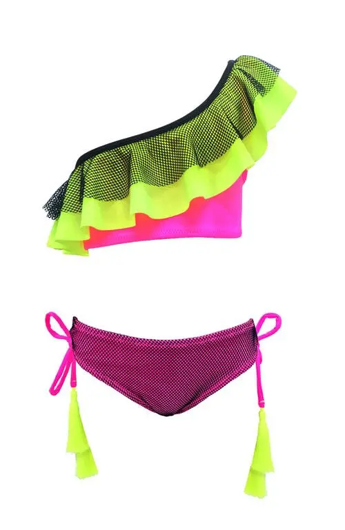 NESSI BYRD Sport Mesh Ruffle Tassel Tie Two Piece Bikini - Green-pink
