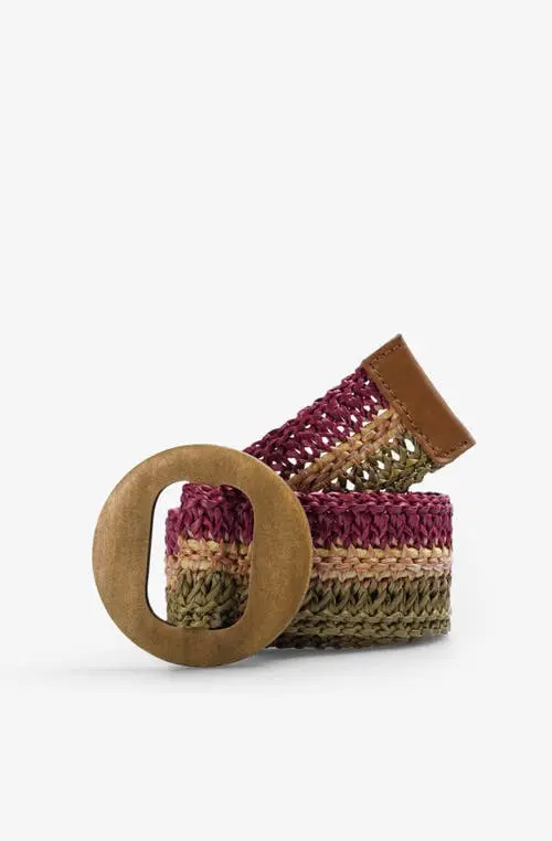 SCALPERS Woven Raffia Belt With Round Buckle