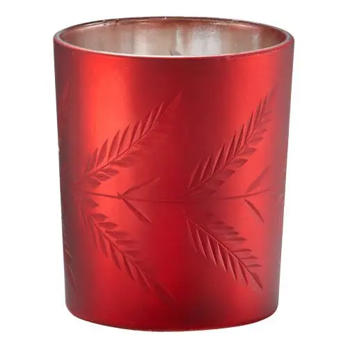 TAG Sprig Etched Tealight Holder Glass Candle Holder Christmas - Red