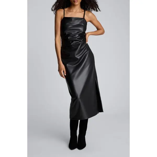 KENNETH COLE Side Pleat Faux Leather Midi Dress - Black