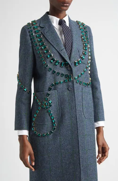 Thom Browne Windowpane Tweed Trompe L'oeil Swarovski Crystal Long Jacket