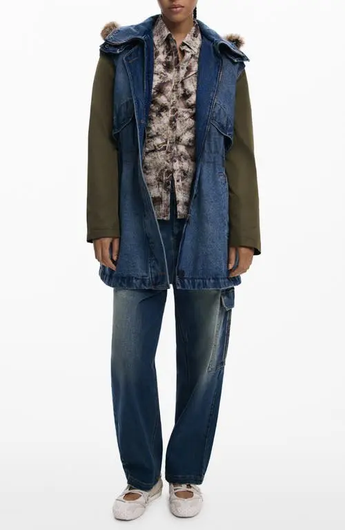 Desigual Denim Parka With Removable Hood And Sleeves