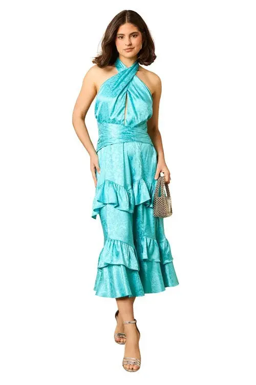 OASIS Halterneck Satin Jacquard Midi Dress - Aqua