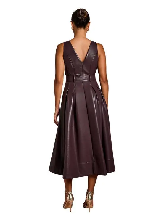 Coast Petite V-neck Sleeveless Pu Midi Dress - Oxblood