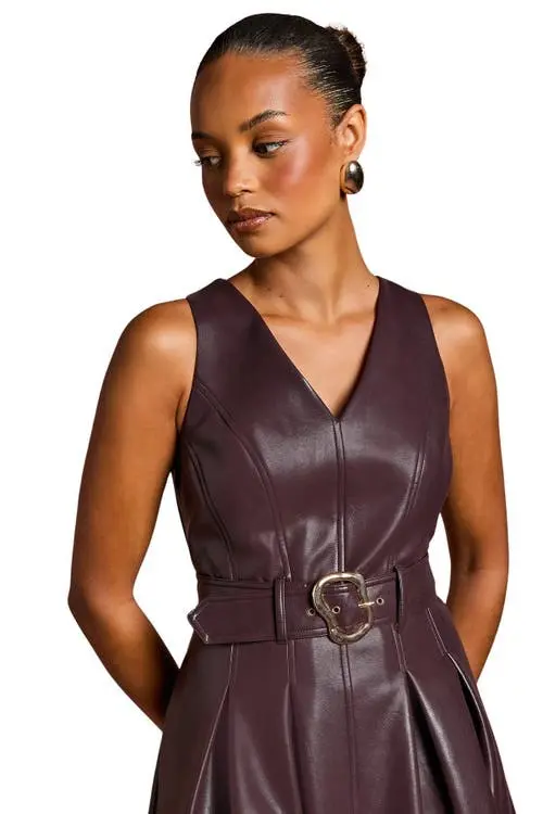 Coast Petite V-neck Sleeveless Pu Midi Dress - Oxblood