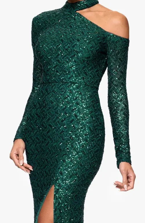 XSCAPE EVENINGS Sequin Cutout Long Sleeve Mermaid Gown