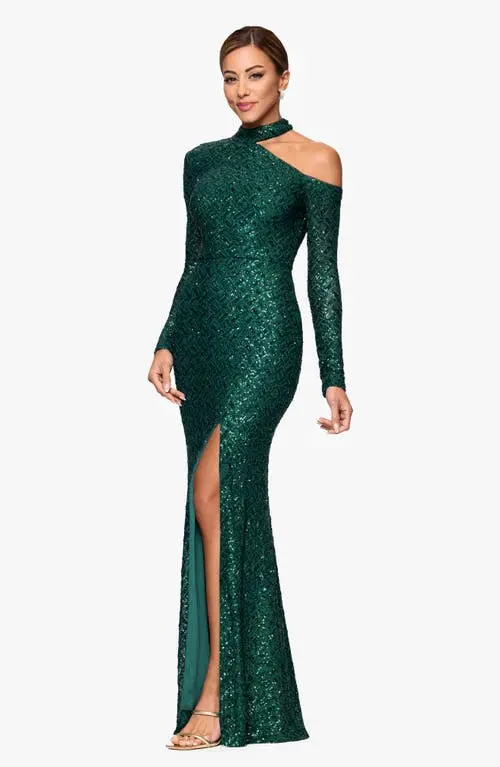 XSCAPE EVENINGS Sequin Cutout Long Sleeve Mermaid Gown