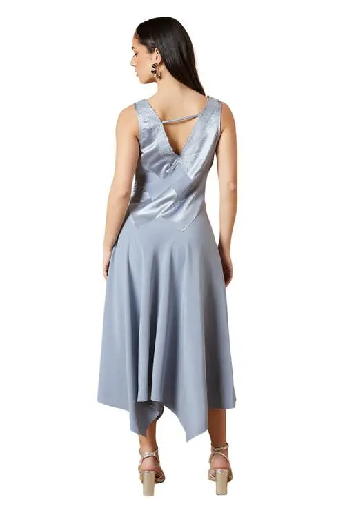 OASIS V-neck Mesh Asymmetric Midi Dress