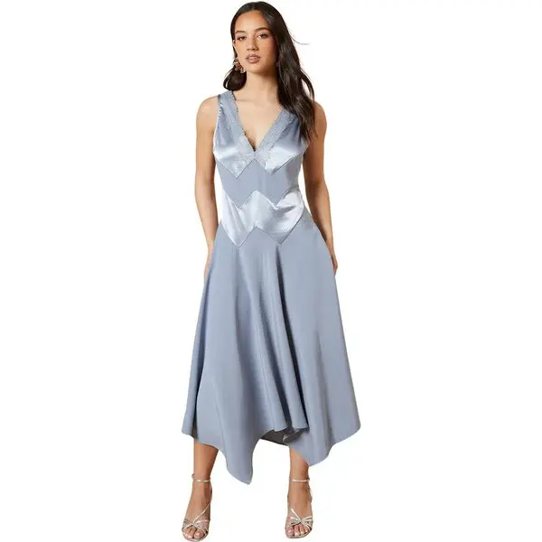 OASIS V-neck Mesh Asymmetric Midi Dress - Blue
