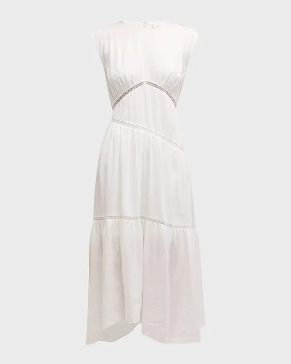 FRAME Gathered Seam Lace Inset Midi Dress - White