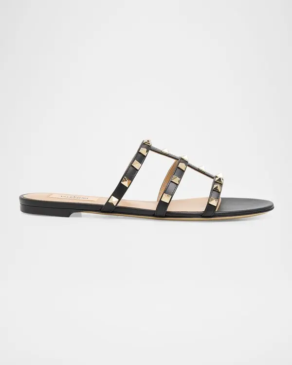 Valentino Garavani Rockstud Caged Leather Flat Slide Sandals - Nero