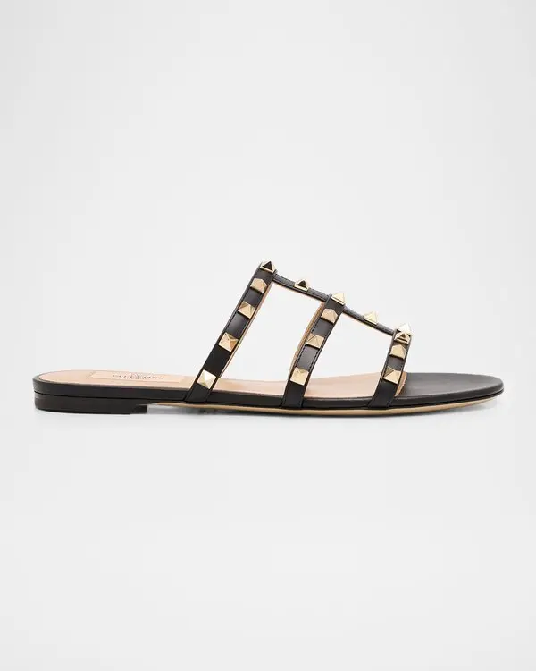 Valentino Garavani Rockstud Caged Leather Flat Slide Sandals - Poudre