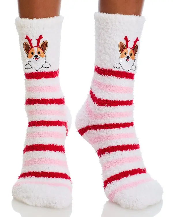 PJ Salvage Cozy Grippers Crew Socks - White - Corgi