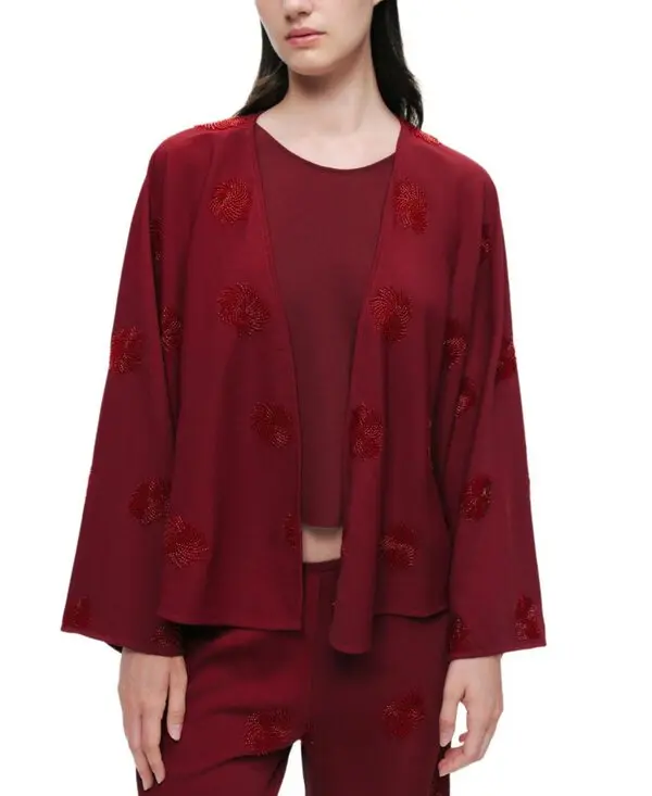 NOCTURNE Beaded Open Front Kimono - Burgundy