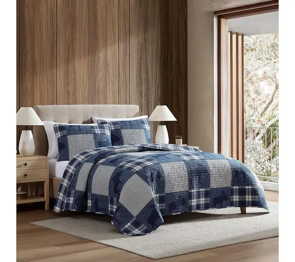 Eddie Bauer Moose Plaid Patchwork Blue Cotton T Win Quilt Set - One-color