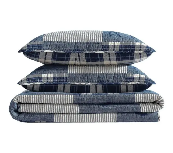 Eddie Bauer Moose Plaid Patchwork Blue Cotton T Win Quilt Set