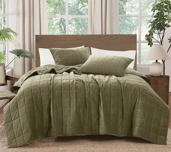 BROOKLYN LOOM Matte Cotton Velvet Box Stitch T/ Txl Quilt Set - One-color