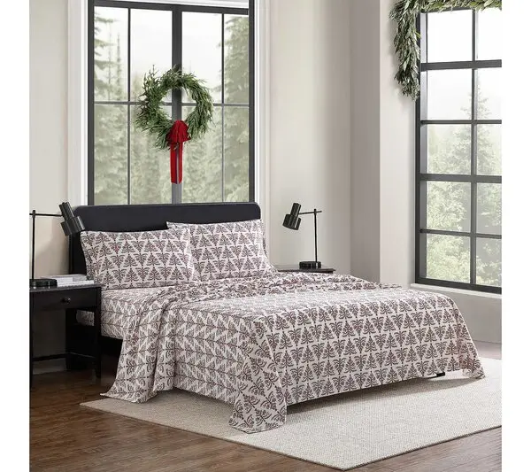 Eddie Bauer Jolly Trees Red Cotton Flannel Twin Sheet Set