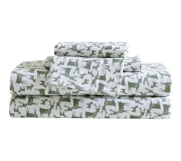 Eddie Bauer Deer Camp Green Cotton Flannel Full Sheet Set - One-color