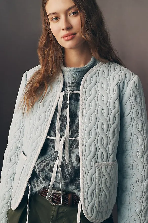FOREVER THAT GIRL Quilted Velvet Tie-front Jacket - Light Blue