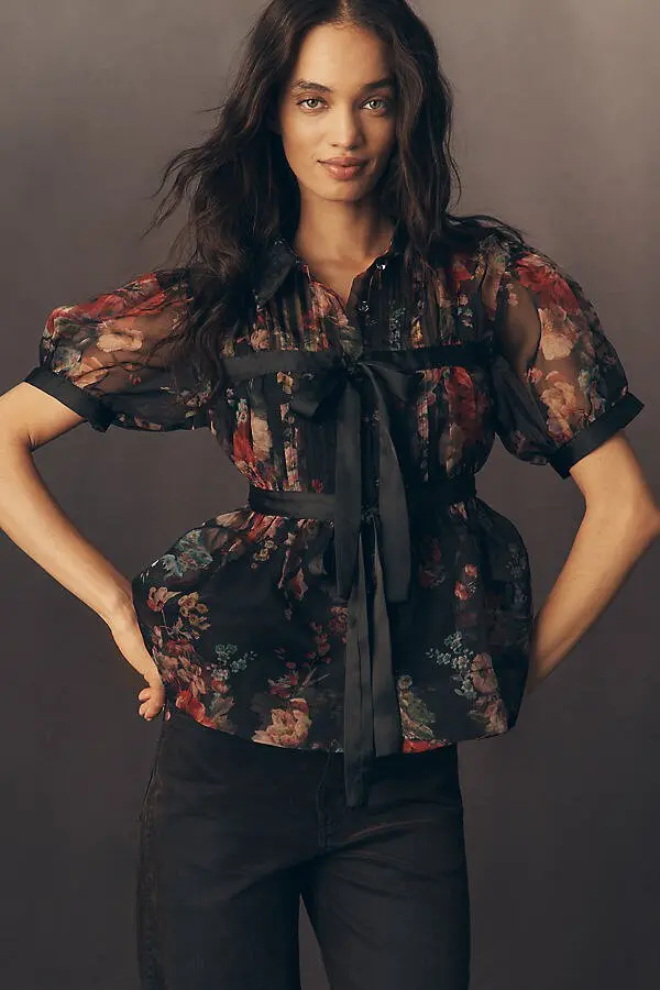 Anthropologie Short-sleeve Tie-front Sheer Blouse - Black Floral