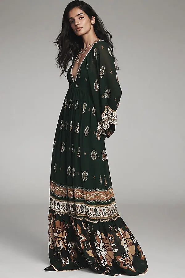 Farm Rio Ayla Long-Sleeve V-Neck Maxi Dress - Ayla Green - 42% Off |  Editorialist