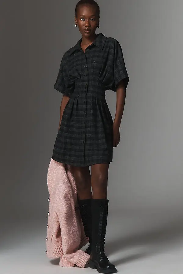 EXQUISE Plaid Diamonte Mini Dress - Grey/black Plaid